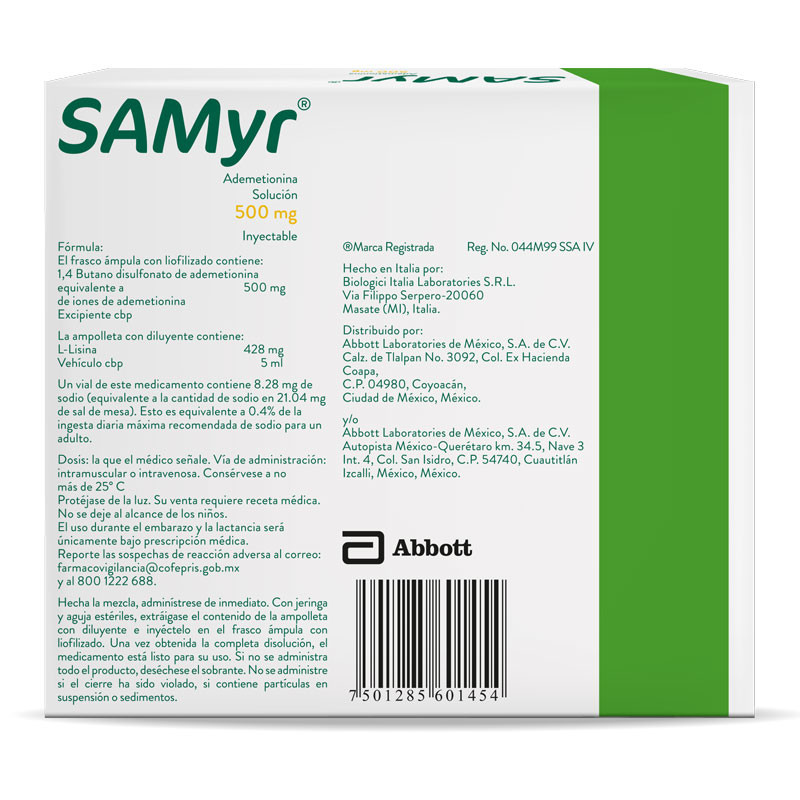 SAMYR® SOLUCION INYECTABLE C/5 FRASCOS AMPULA 500 mg / 5 AMPOLLETAS CON ...